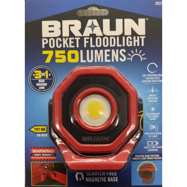 BRAUN 750 Lumen Rechargeable Ultracompact Magnetic LED Floodlight, Red ...