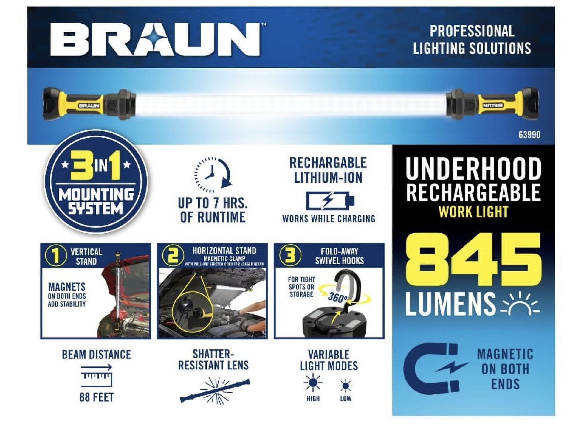 BRAUN 845 Lumen LED Rechargeable Underhood Work Light - Walmart.com