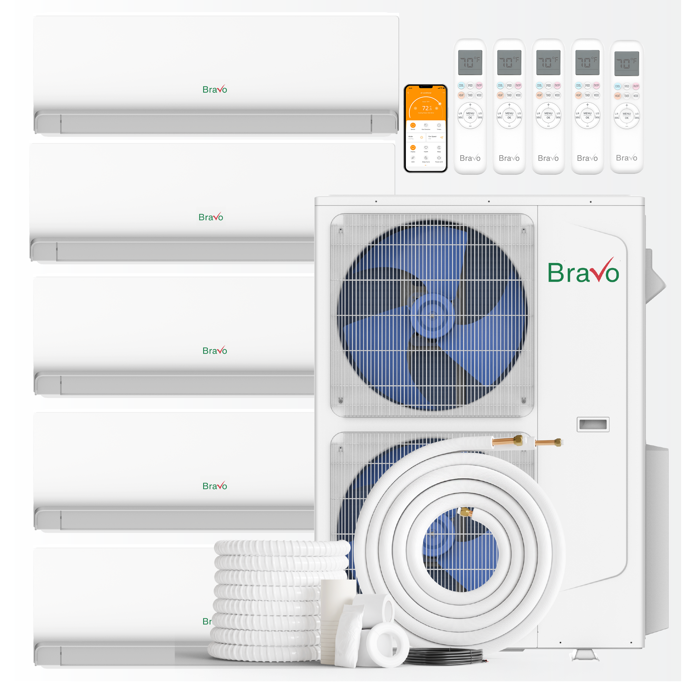 BRAVO 42,000 BTU 5 Zone 9000 + 9000 + 9000 + 9000 + 9000 BTU Wall Mount ...