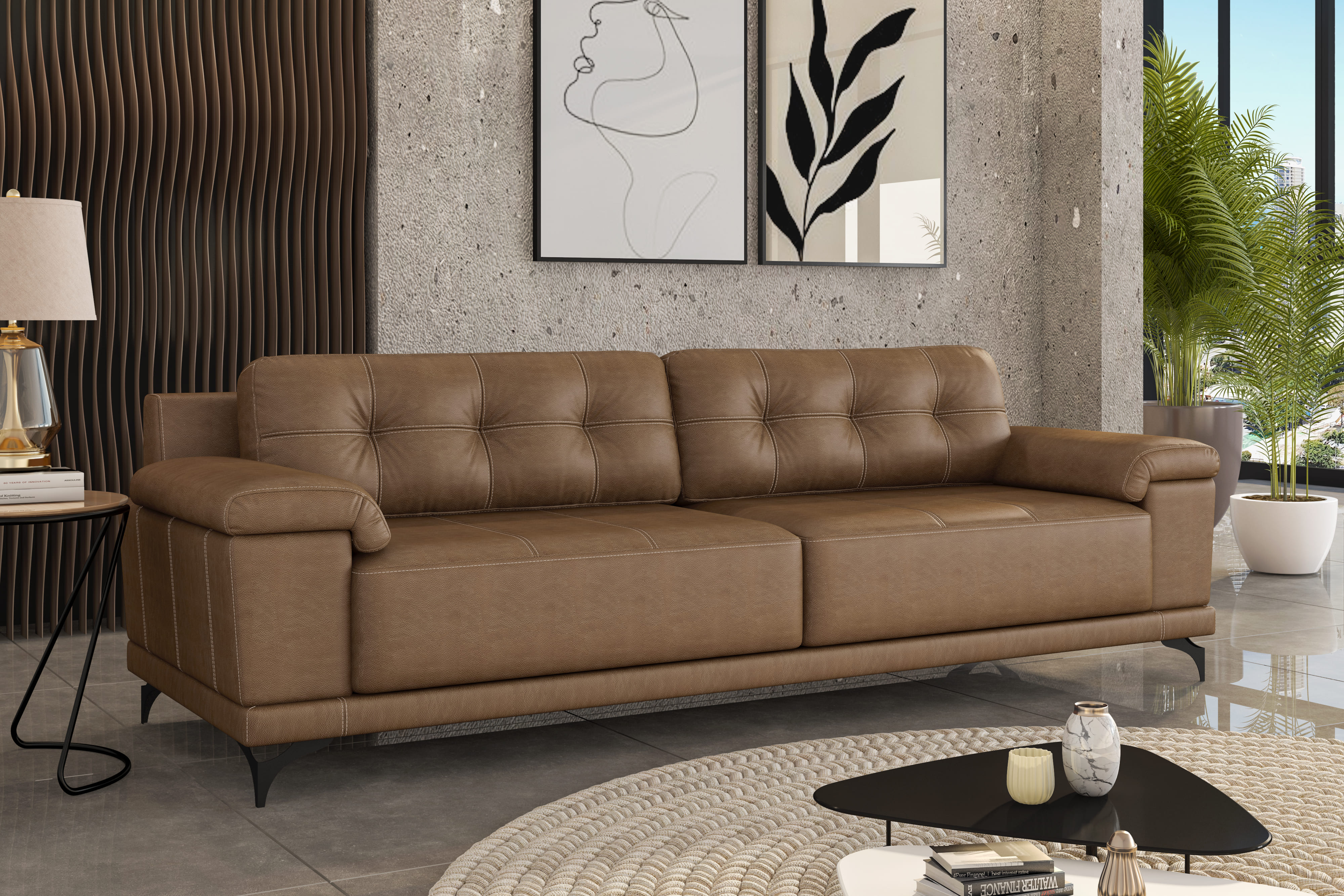 Maklaine 19.5" Mid-Century Leather Fitted Back Sofa in Brown - Walmart.com