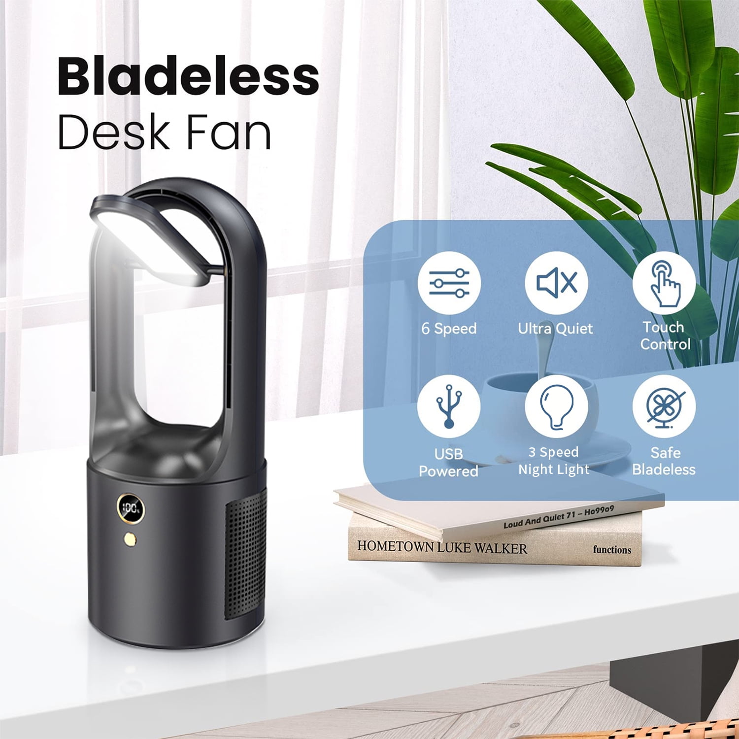 BRC Bladeless Fan with LED Light, 13 inch Personal Desk Fan, with 6 ...