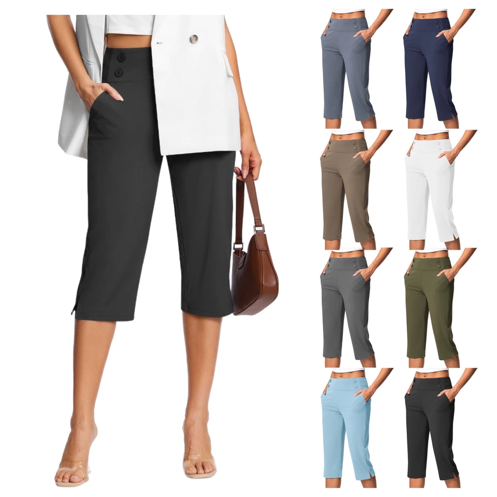 BRDFRL Capri Yoga Pants for Women Casual Stretch Slit Capri Leggings Comfy Elastic Waist Pull On ...