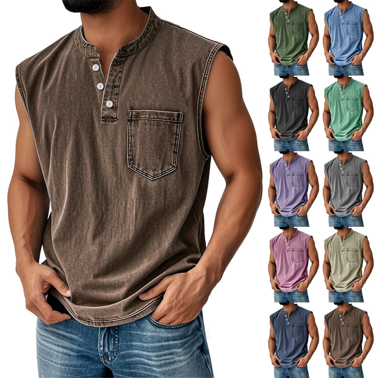 BRDFRL Men Casual Tanks V Neck Button Sleeveless Henley Shirts Basic ...