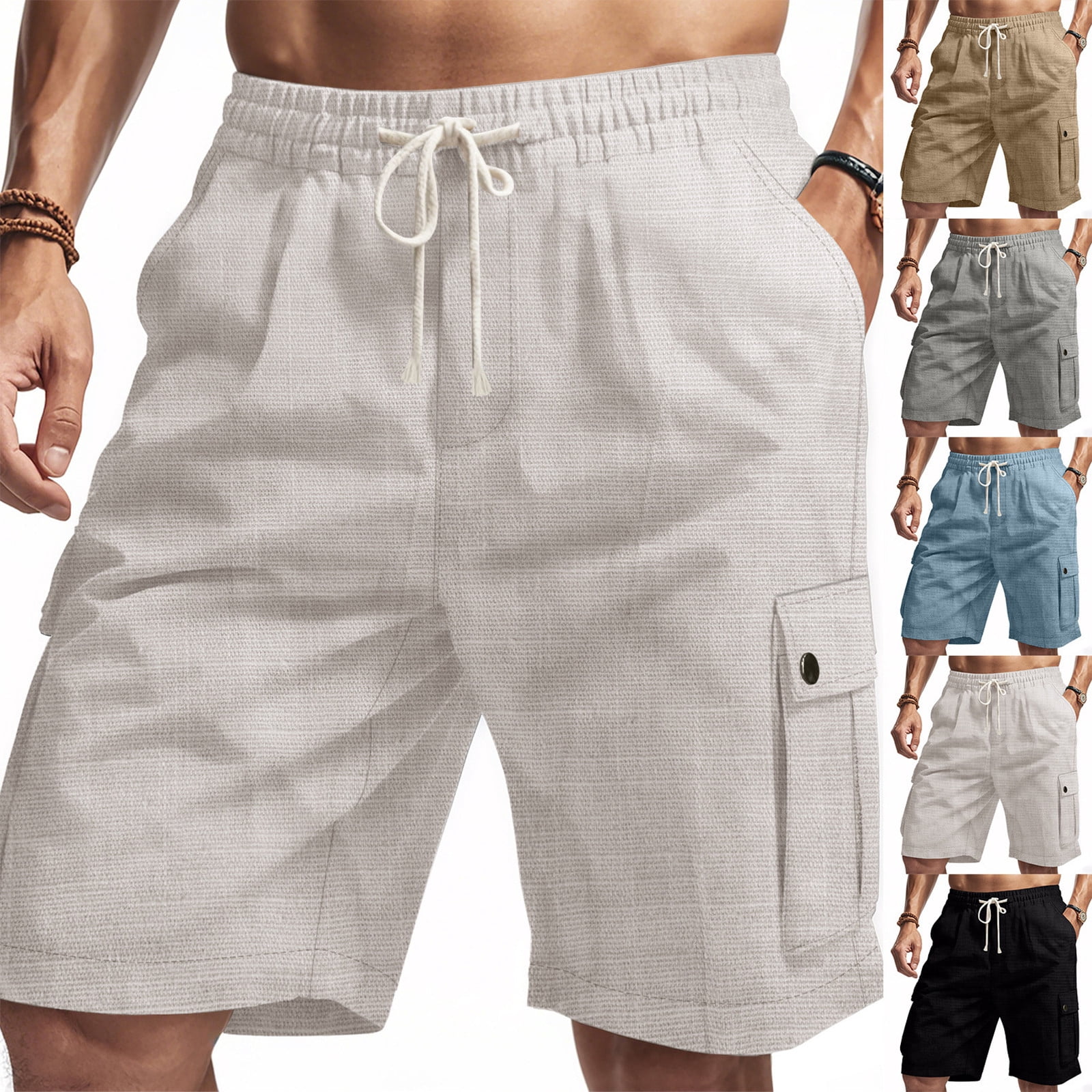 BRDFRL Men's Casual Linen Cargo Shorts Summer Drawstring Waist ...