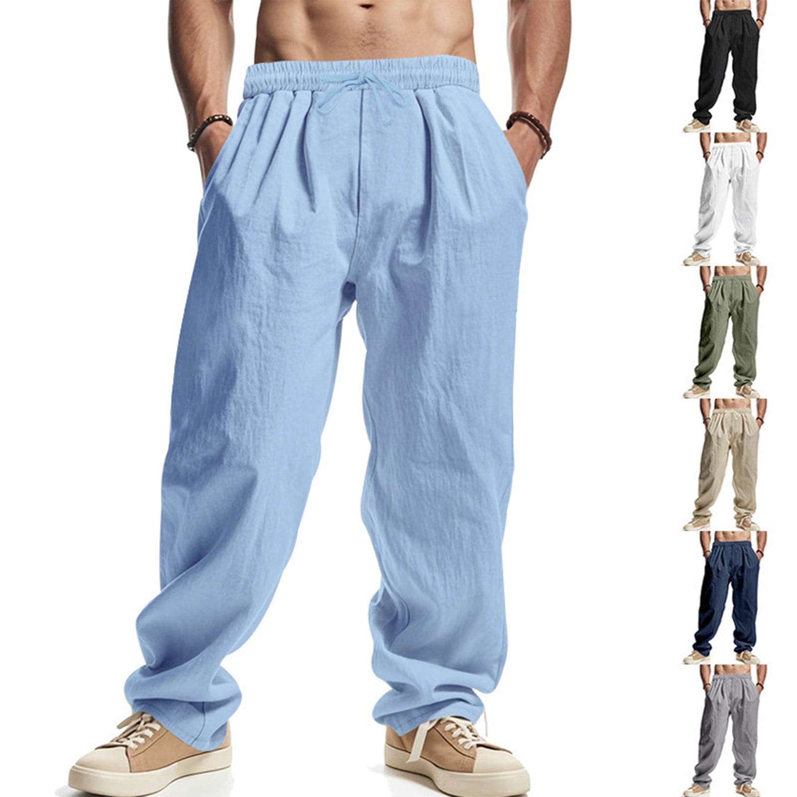 BRDFRL Mens Casual Linen Pants 2025 Loose Fit Elastic Pants, Wide Leg ...