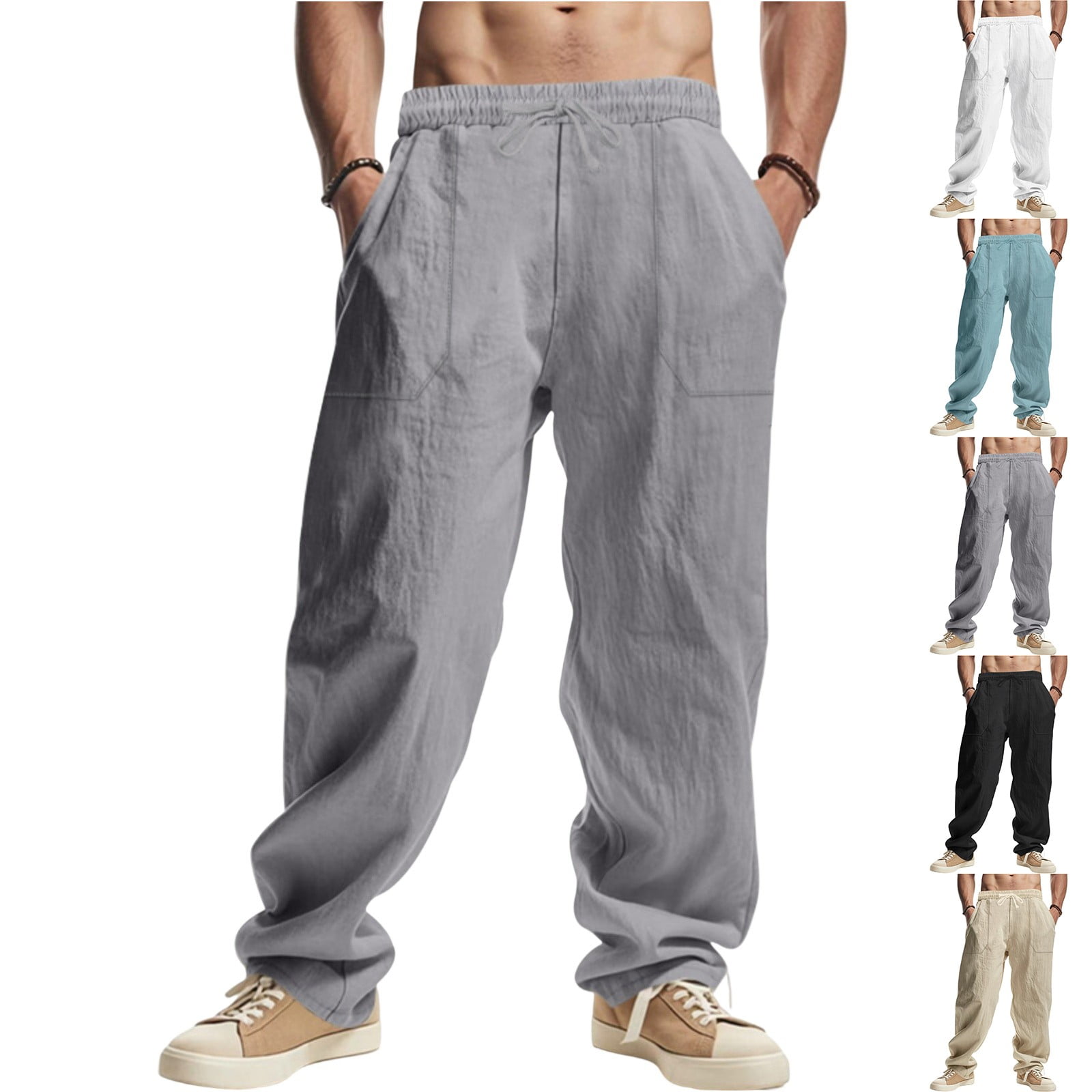 BRDFRL Mens Casual Linen Pants Loose Fit Elastic Drawstring Waist Wide ...