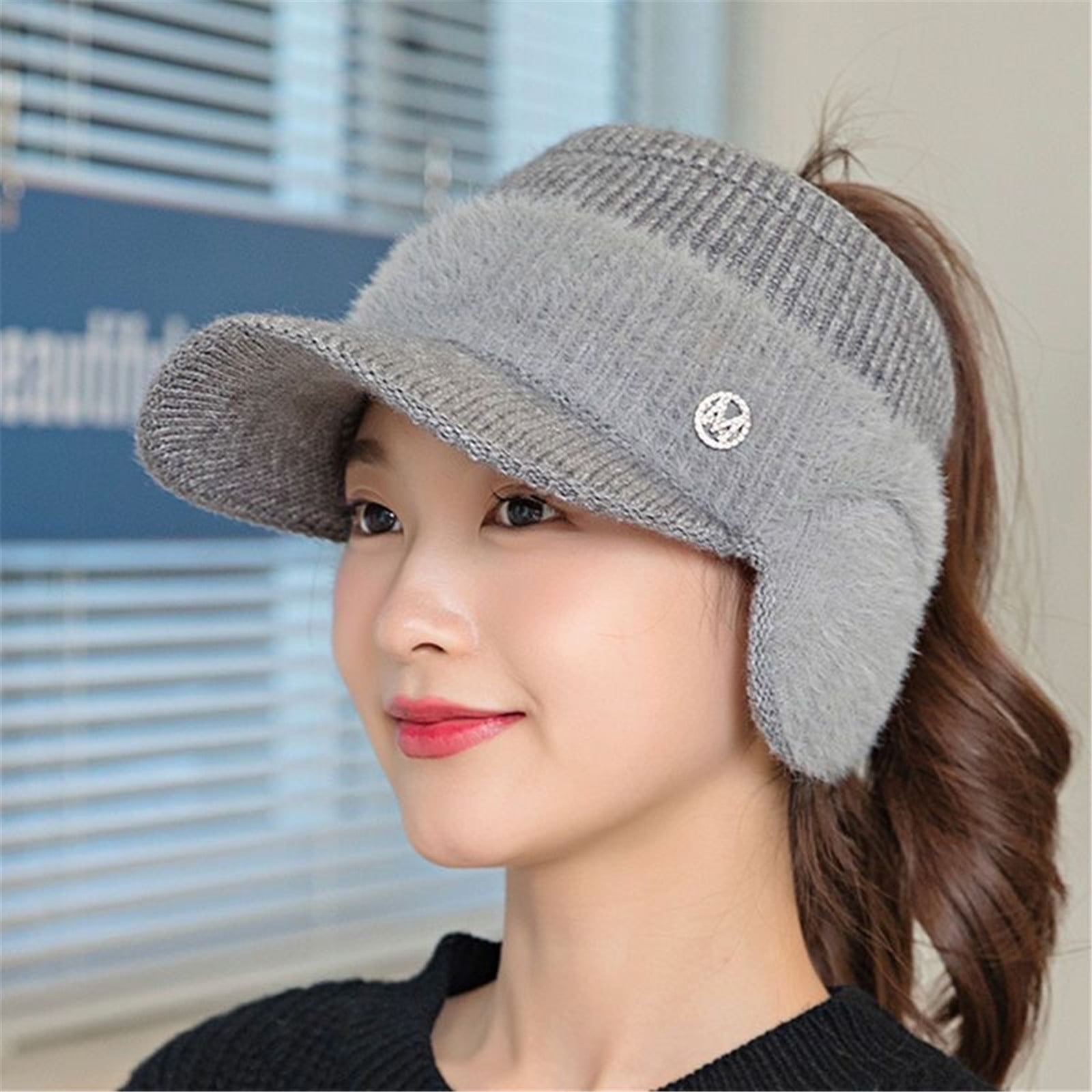 BRDFRL Open Beanie Earflaps Earmuff Visor Brim Bill Bun Ponytail Winter Golf Hats Women