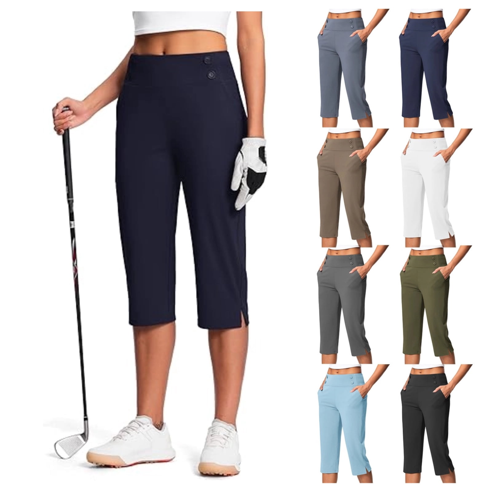 BRDFRL Pull On Capri Pants for Women with Pockets Elastic Waist Cropped ...