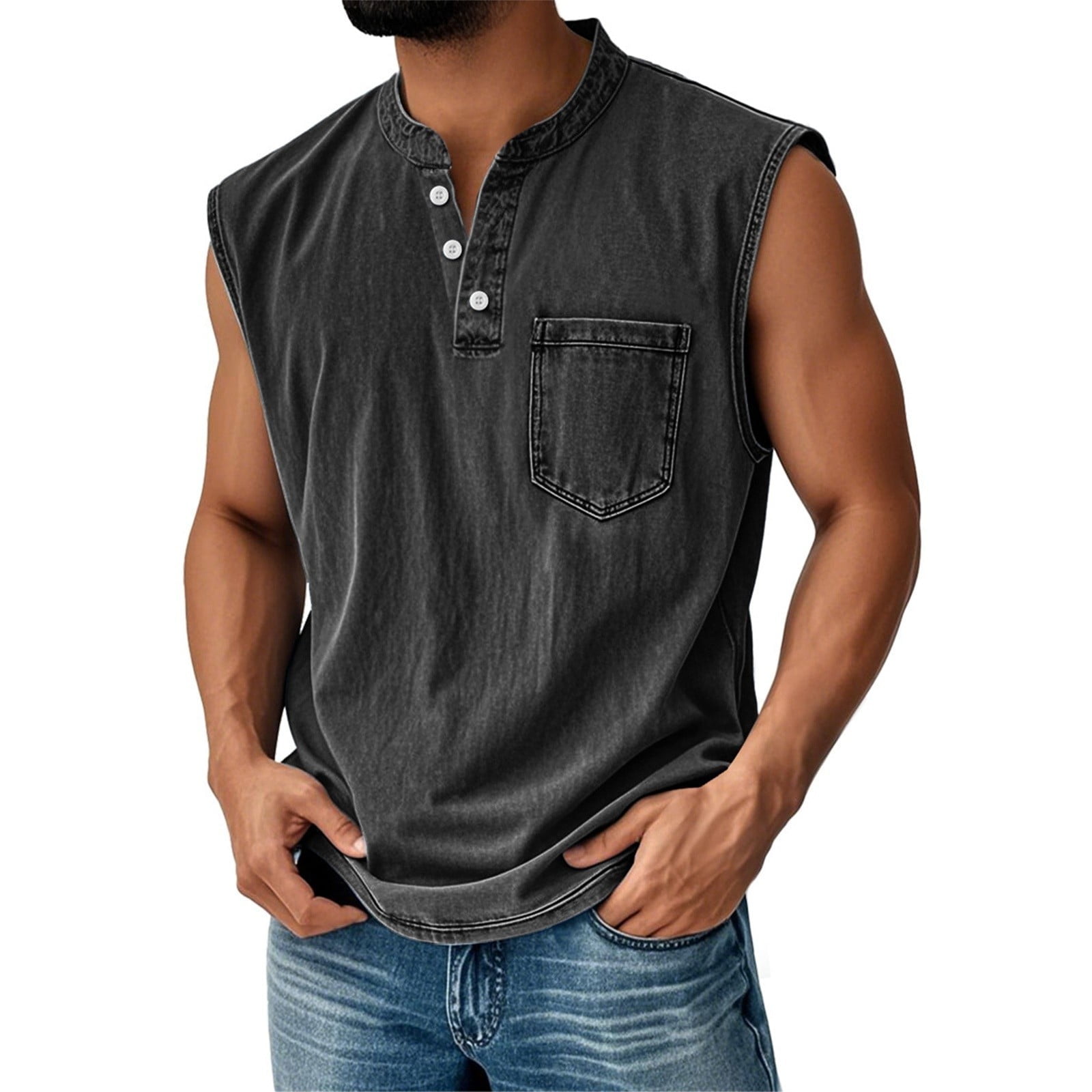 BRDFRL Sleeveless Shirts for Men Vintage Distress Washed V Neck Button ...