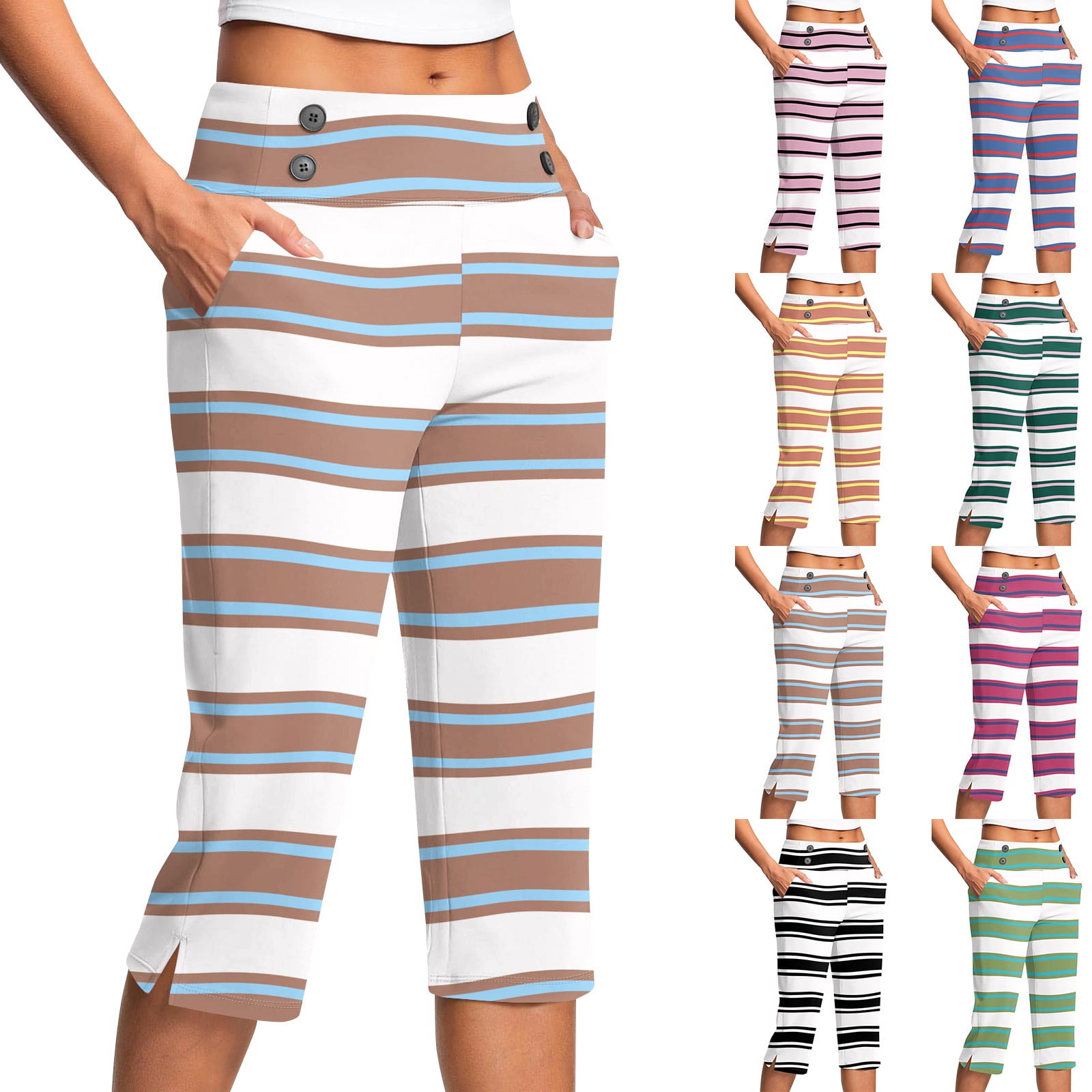 BRDFRL Striped Capri Pants for Women High Waisted Pull On Dress Pants Slim Straight Leg Stretchy ...