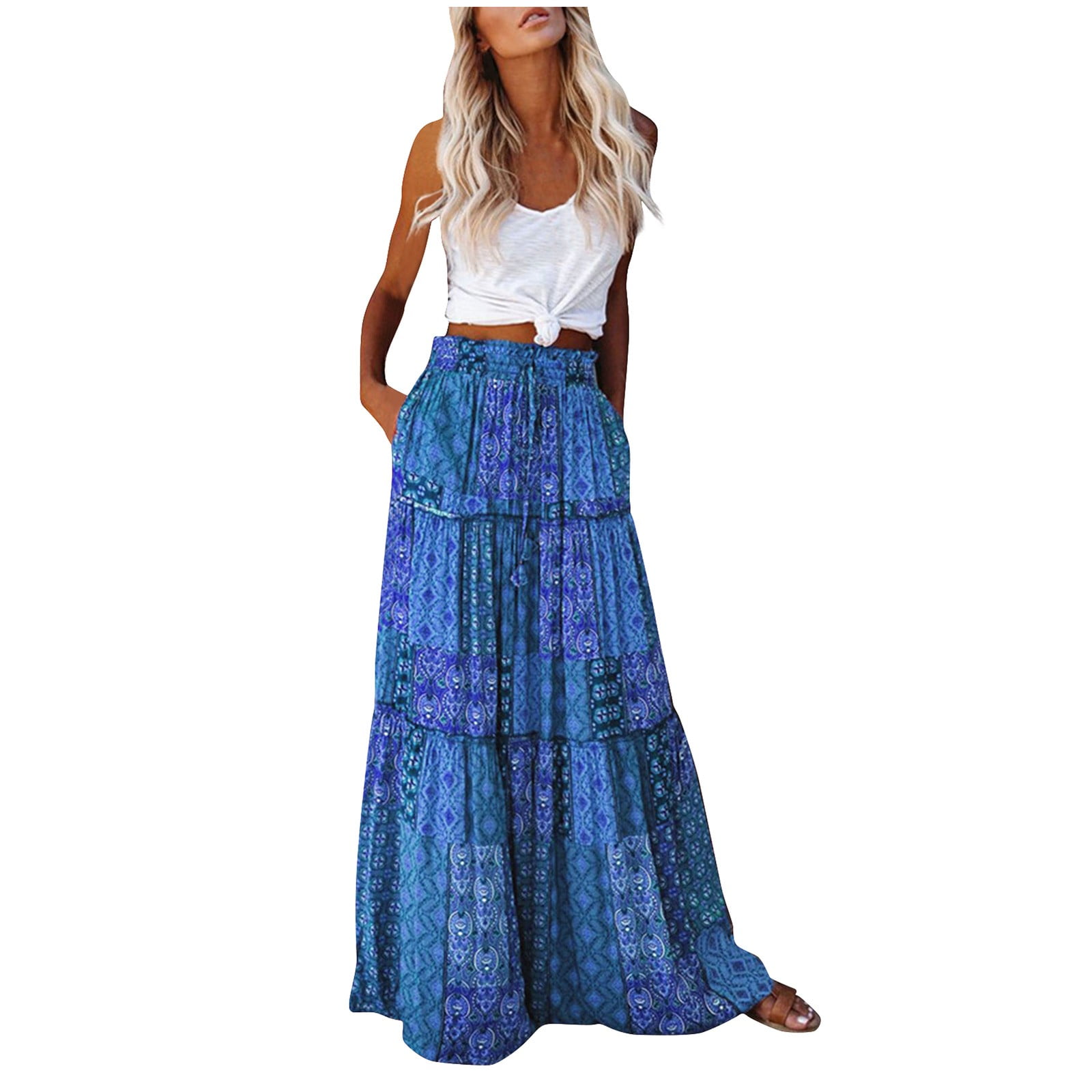 BRDFRL Women's Boho Skirt Elastic High Waist Pleated A-Line Flared Maxi ...