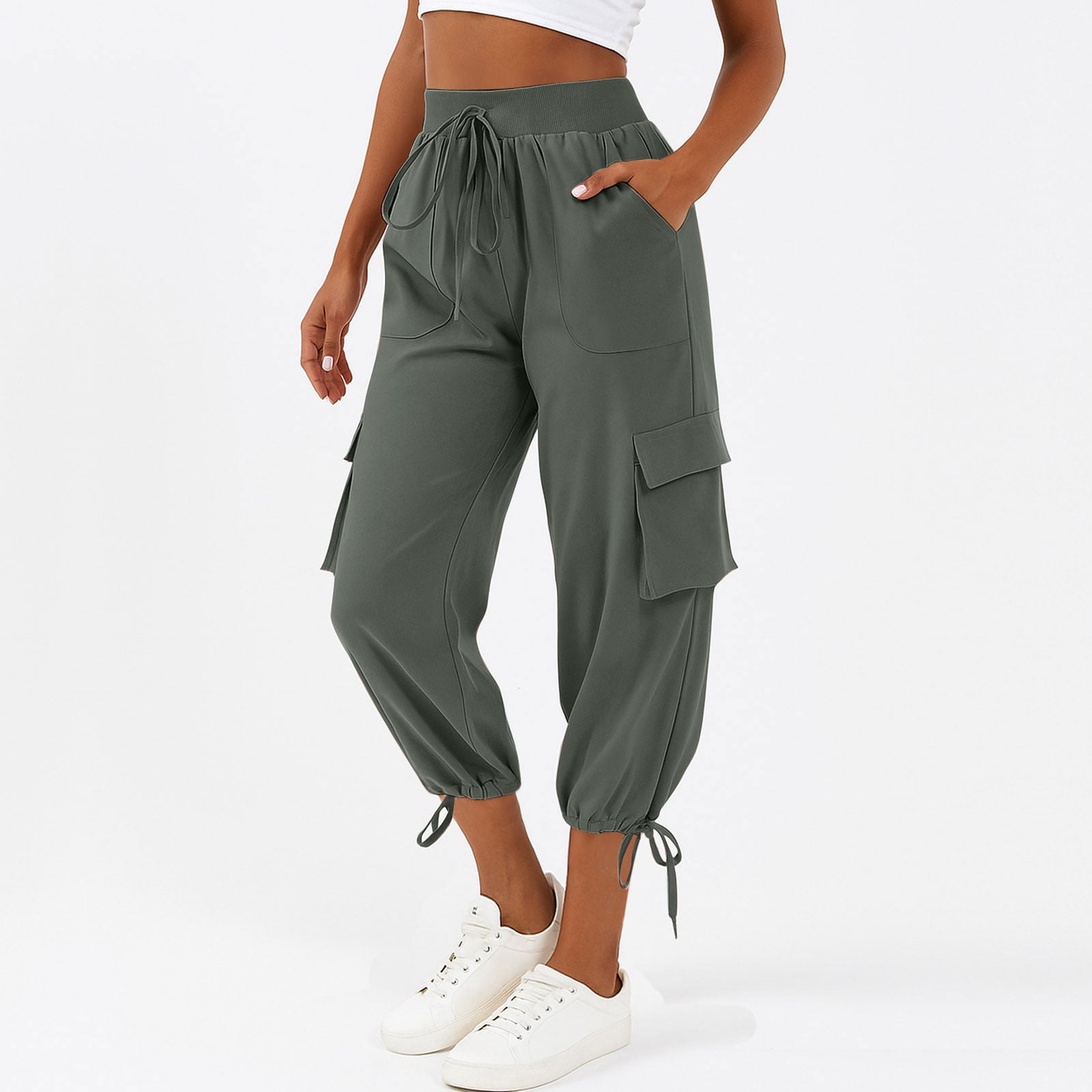 BRDFRL Women's Cargo Capri Pant with Pockets Fashion Lightweight Woven with Drawstring Gray S ...