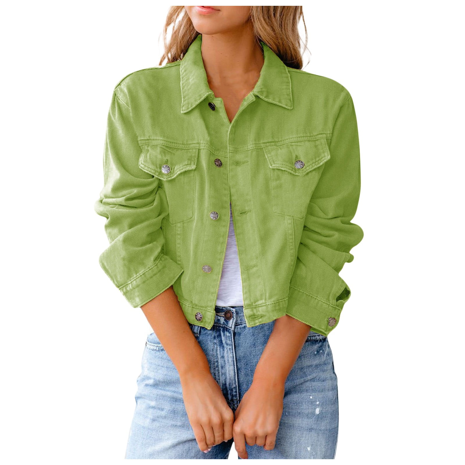 BRDFRL Women's Cropped Jean Jacket Long Sleeve Casual Button Down Denim ...