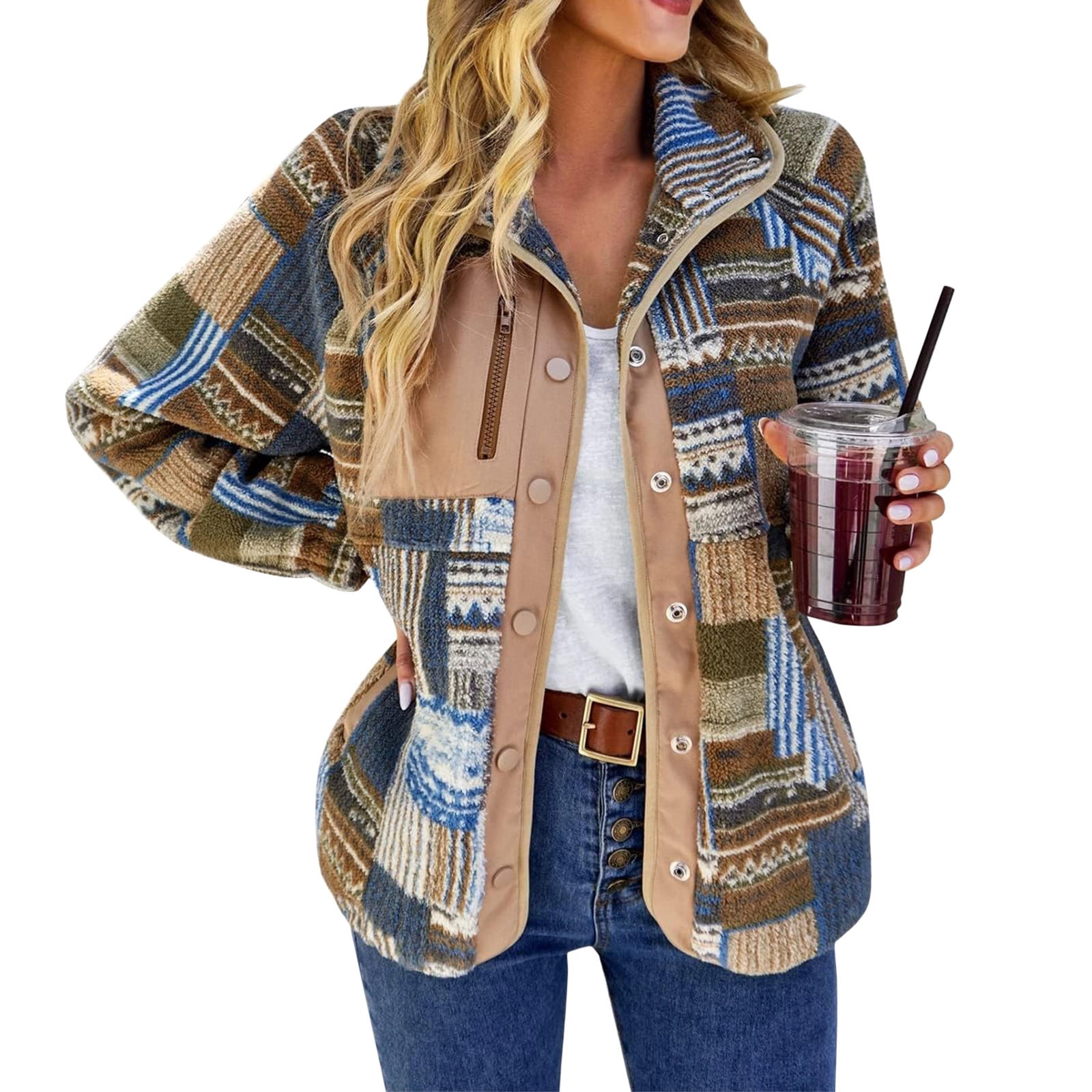BRDFRL Women's Fleece Jacket Aztec Print Long Sleeve Button Down ...