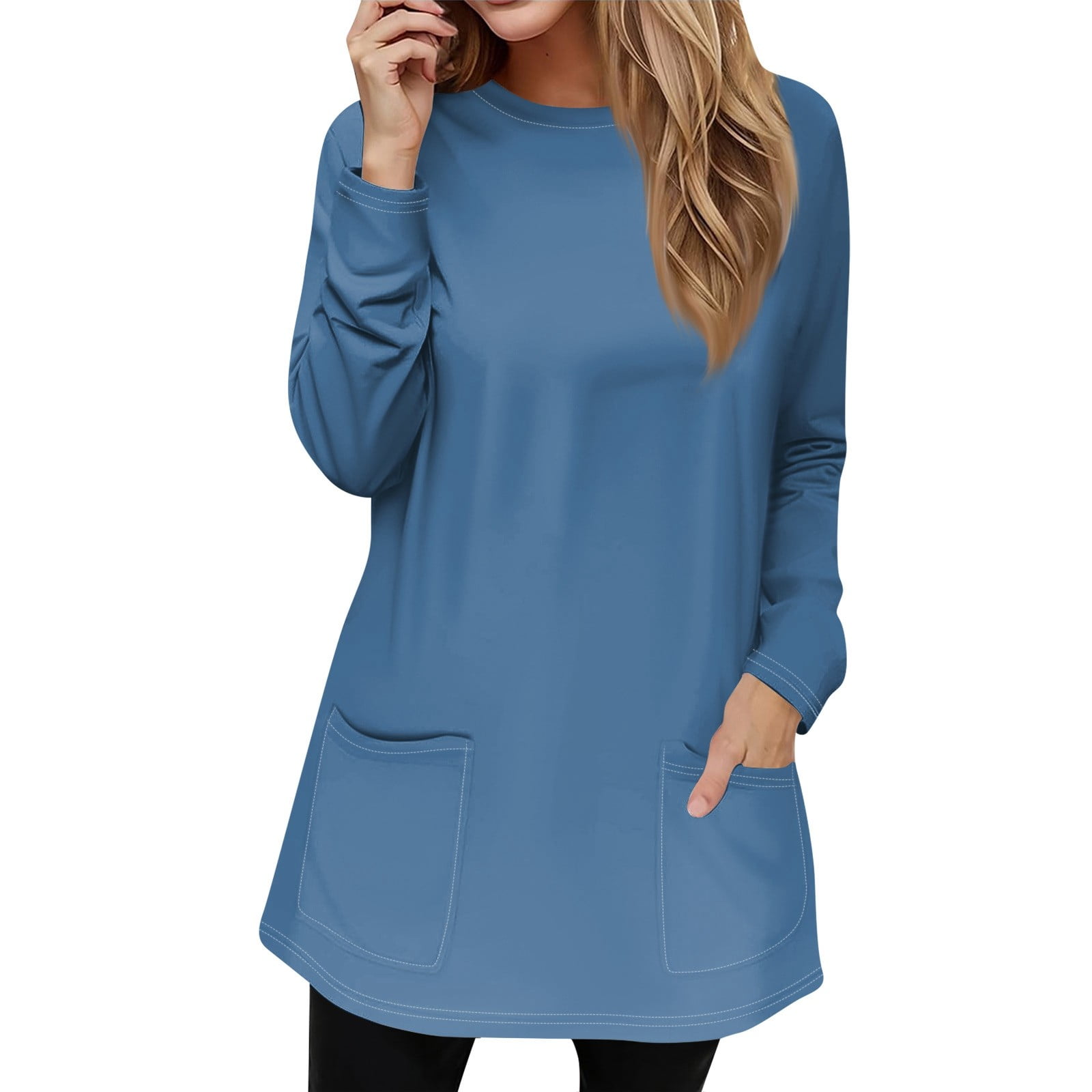 BRDFRL Women's Tunic Top Long Sleeve Casual Round Neck Pocket Loose ...