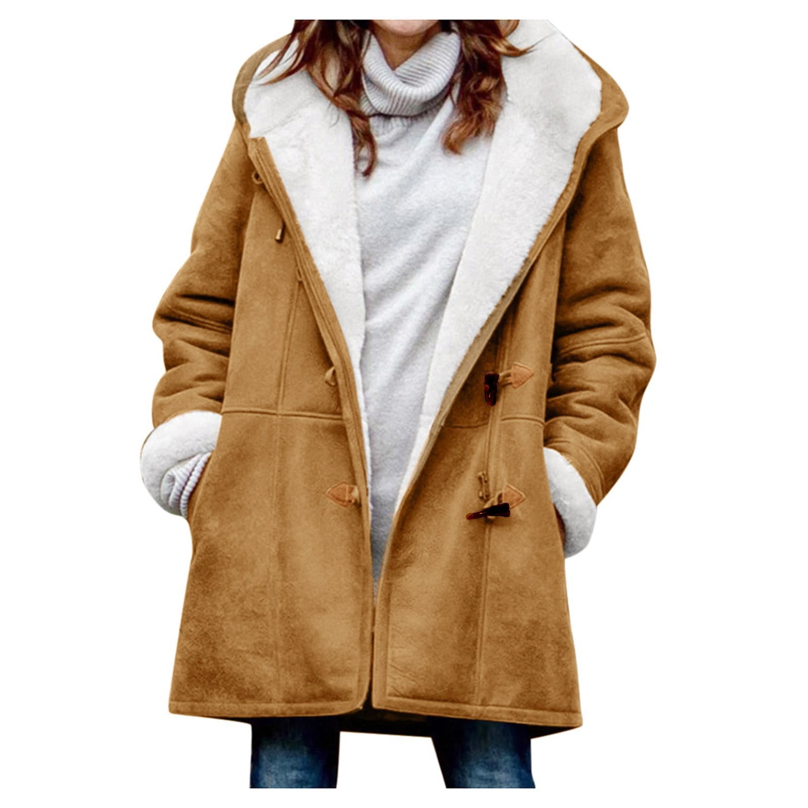 BRDFRL Women's Warm Hooded Coats Sherpa Lined Suede Leather Longline Horn Buttons Jacket Trendy ...