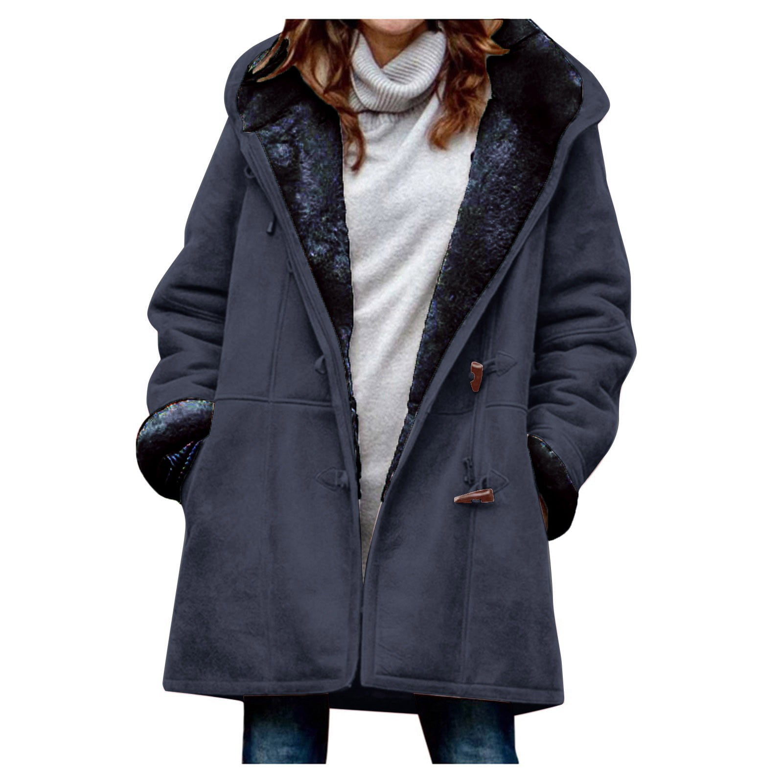 BRDFRL Women's Warm Hooded Coats Sherpa Lined Suede Leather Longline Horn Buttons Jacket Trendy ...