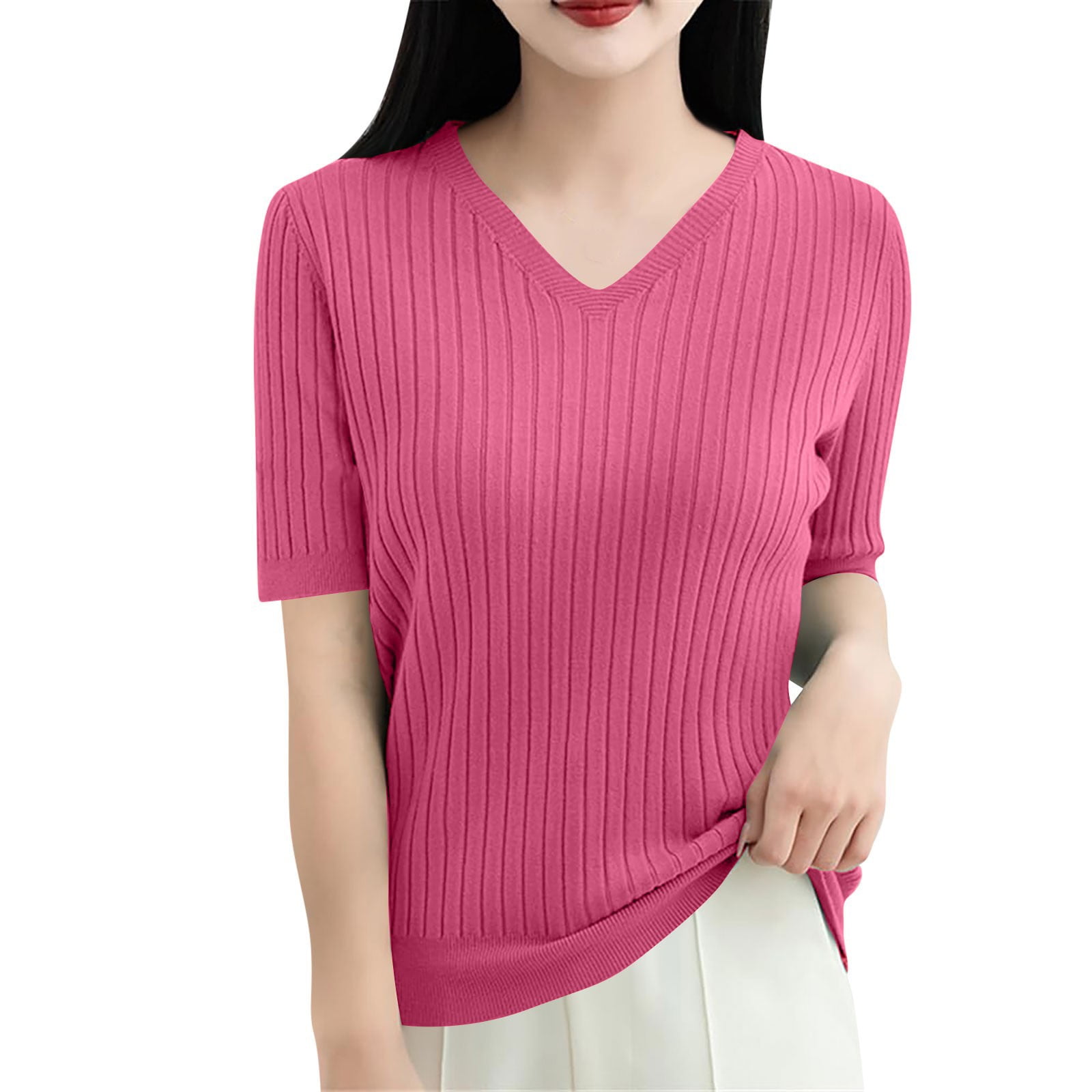 BRDFRL Womens 2025 Casual Short Sleeve Sweater V Neck Lightweight ...