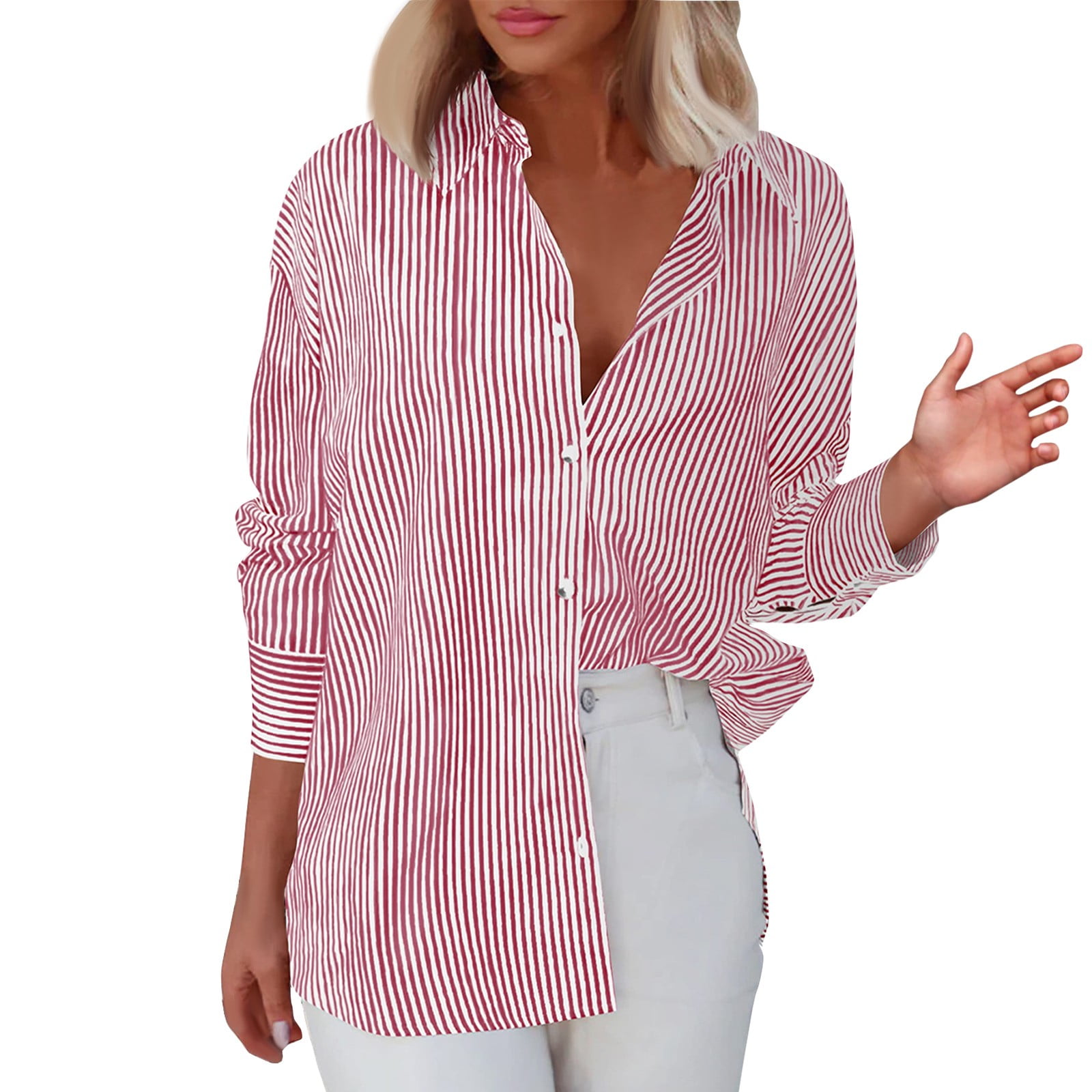 GXIPO Womens Button Down Shirts Striped Classic Long Sleeve Collared Office Work Blouses Tops ...