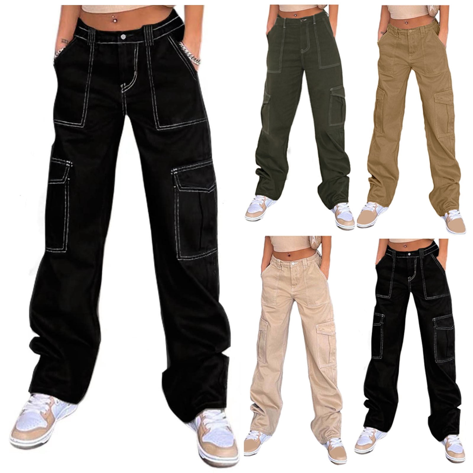 BRDFRL Womens High Waisted Cargo Pants Baggy Stretchy Cotton Wide Leg ...