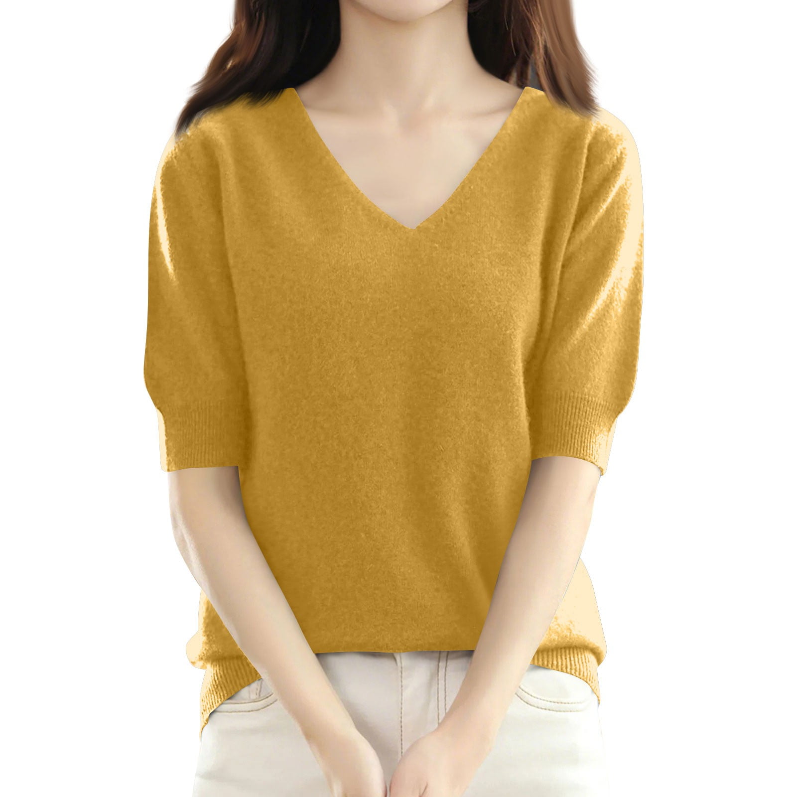 BRDFRL Womens Puff Short Sleeve Pullover Sweater Casual Summer V Neck ...