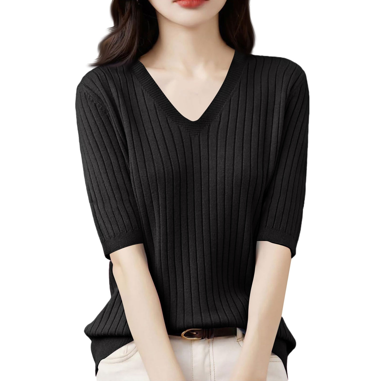 BRDFRL Womens Summer Casual Short Sleeve Sweater V Neck Lightweight ...
