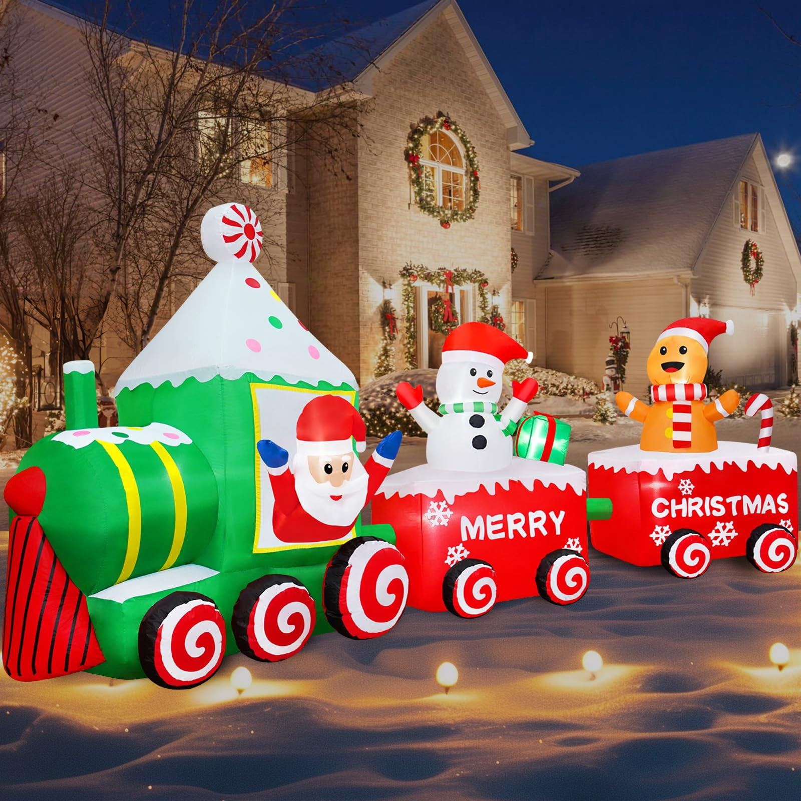 BRDJade 12FT Christmas Inflatable Santa Claus on Train Outdoor ...