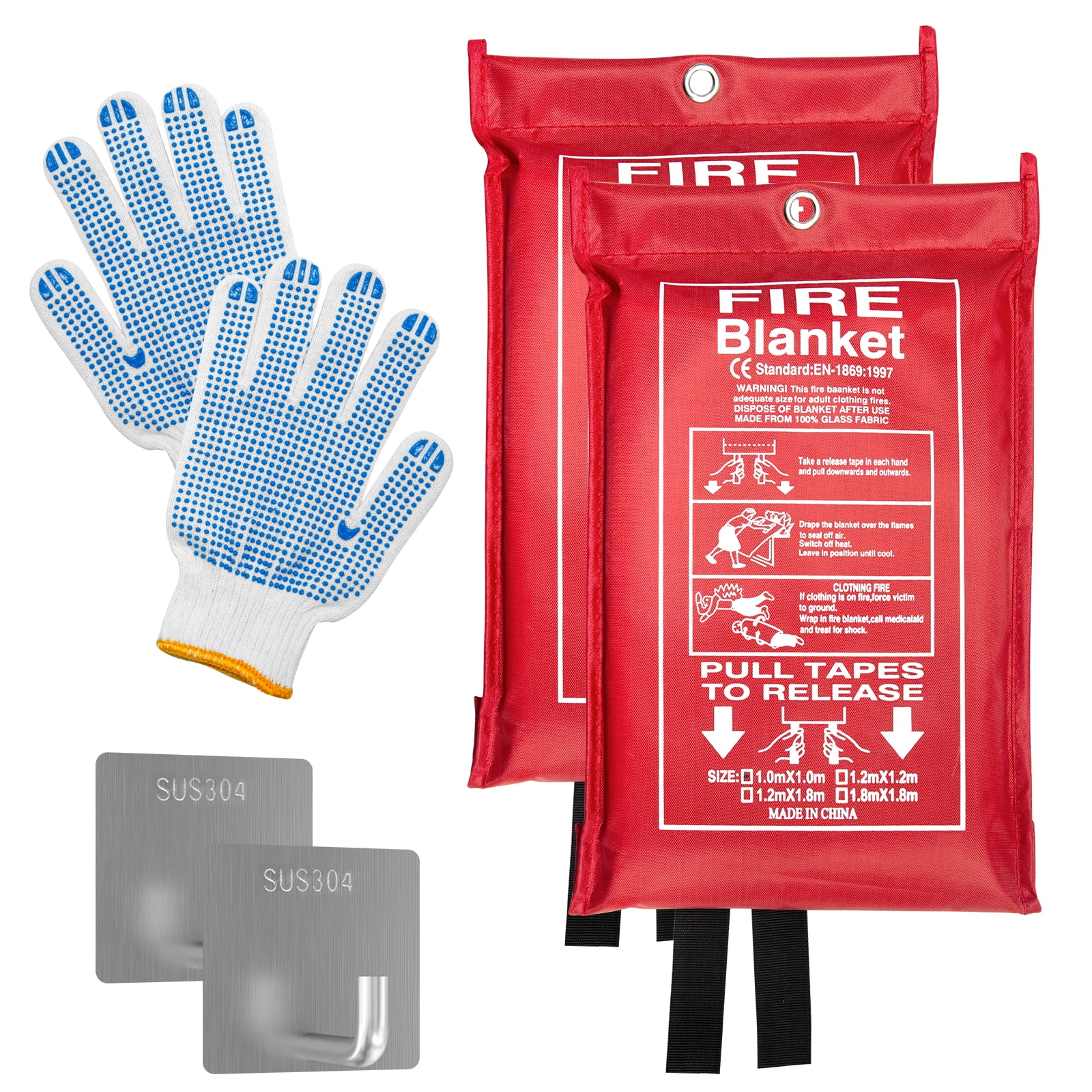 Rocyis Emergency Fire Blanket (2 Pack) + 2 Hooks & 1 Gloves, 40" x 40 ...
