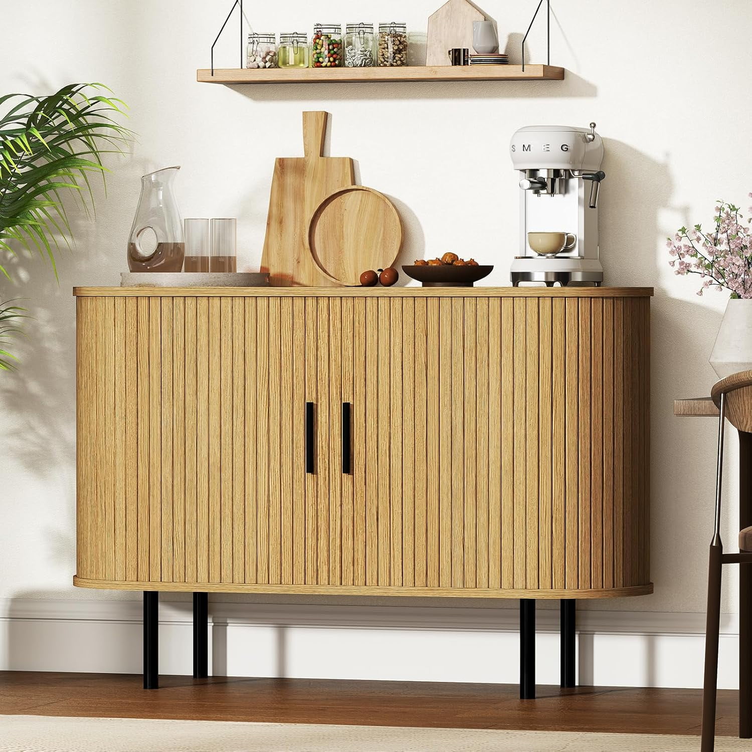 BREEZEHEAT 47" Fluted Sideboard Buffet Cabinet –Mid Century Modern Accent Cabinet-Tambour ...