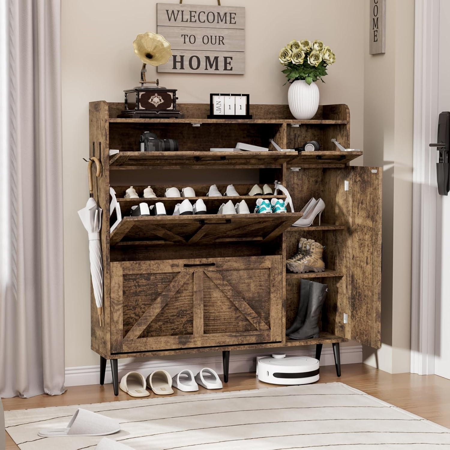 BREEZEHEAT Farmhouse Shoe Storage Cabinet, 2 Flip Drawers & Adjustable ...