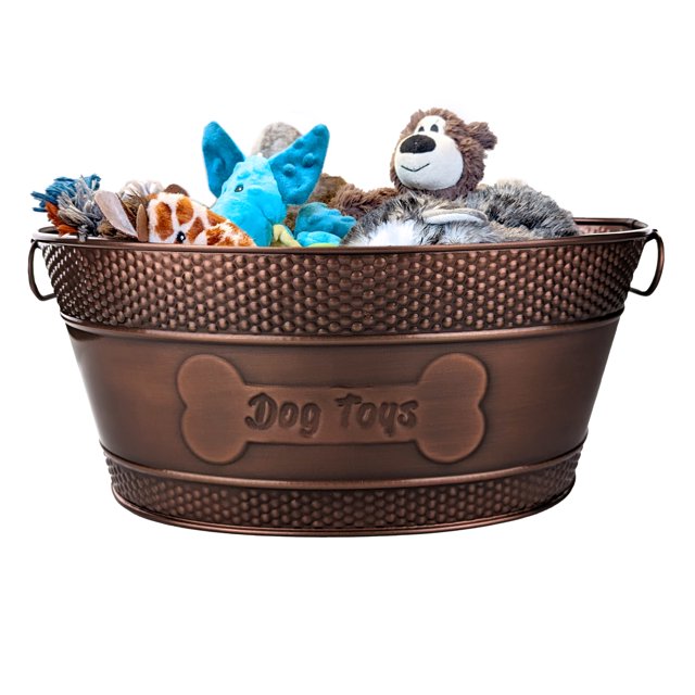 BREKX Metal Indestructible Dog Bone Toy Bin in Antique Copper Finish 18 ...