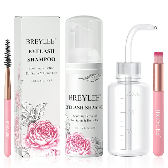 BREYLEE Eyelash Shampoo Kit 60ml with Rinse Bottle, Wand, and Brush for ...