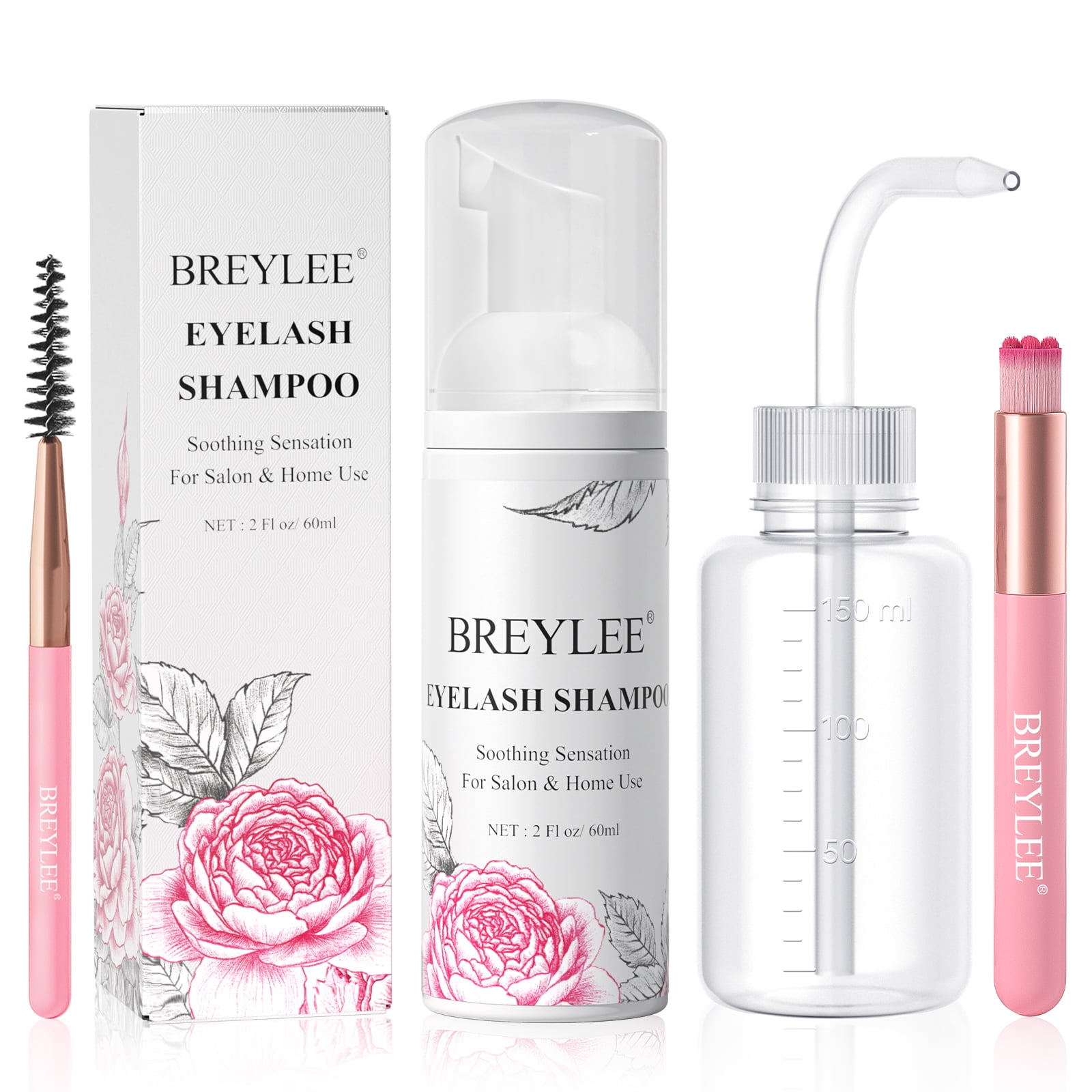 BREYLEE Rose 60ml Eyelash Extensions Shampoo Kit with Rinse Bottle, Wand & Brush for Deep Lash ...