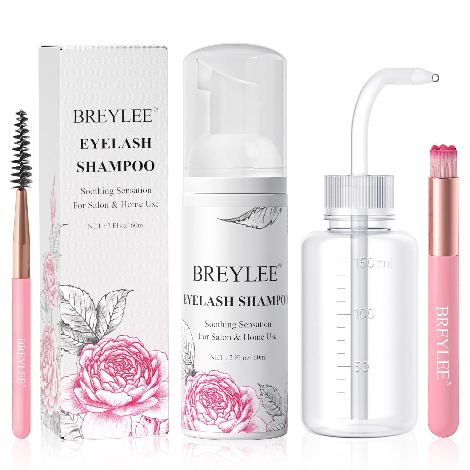 BREYLEE Eyelash Wash Kit, Rose Eyelash Shampoo 60ml, Rinse Bottle ...