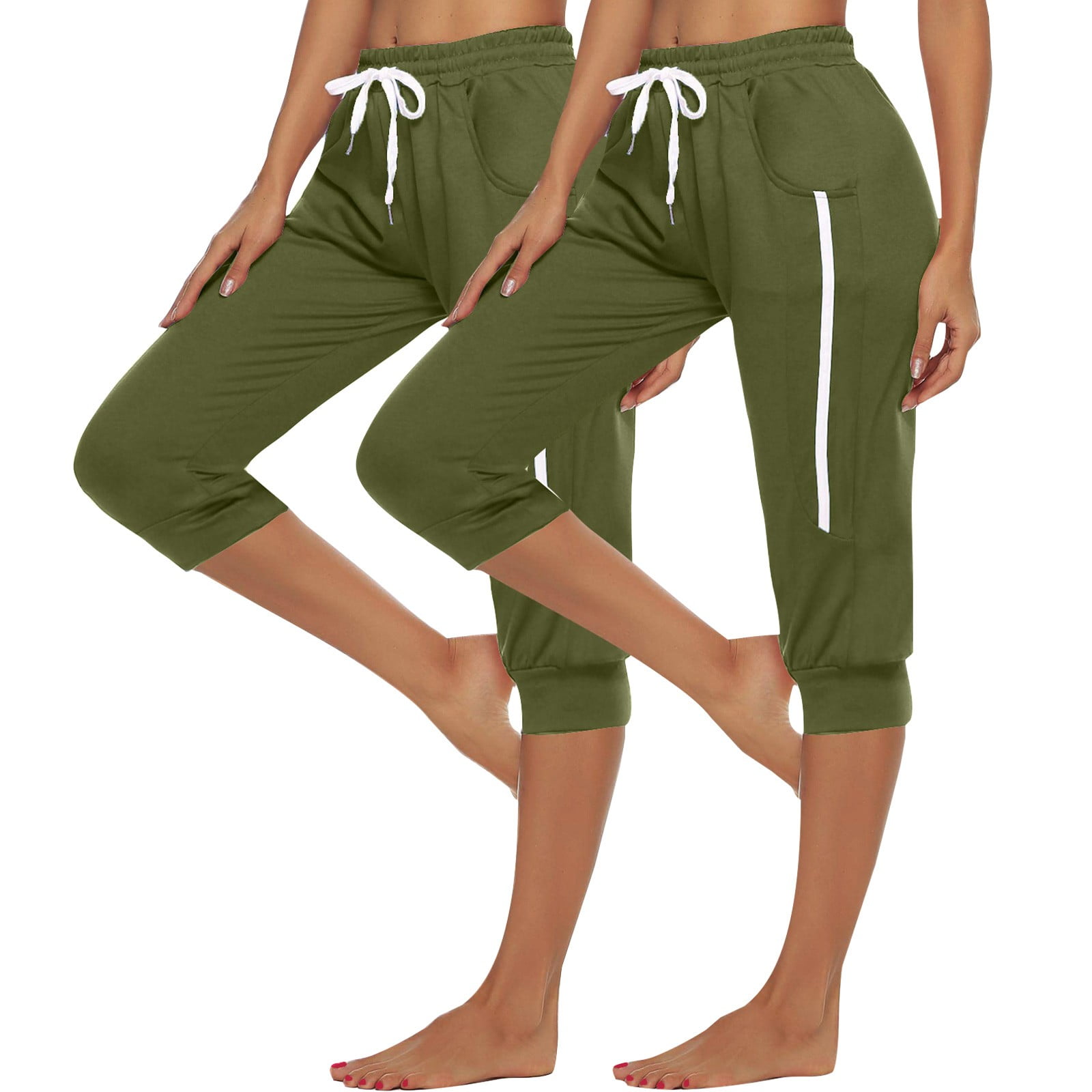 BRGZLK 2 Pack Women's Capri Pants Fashion Casual Mid Waist Drawstring ...