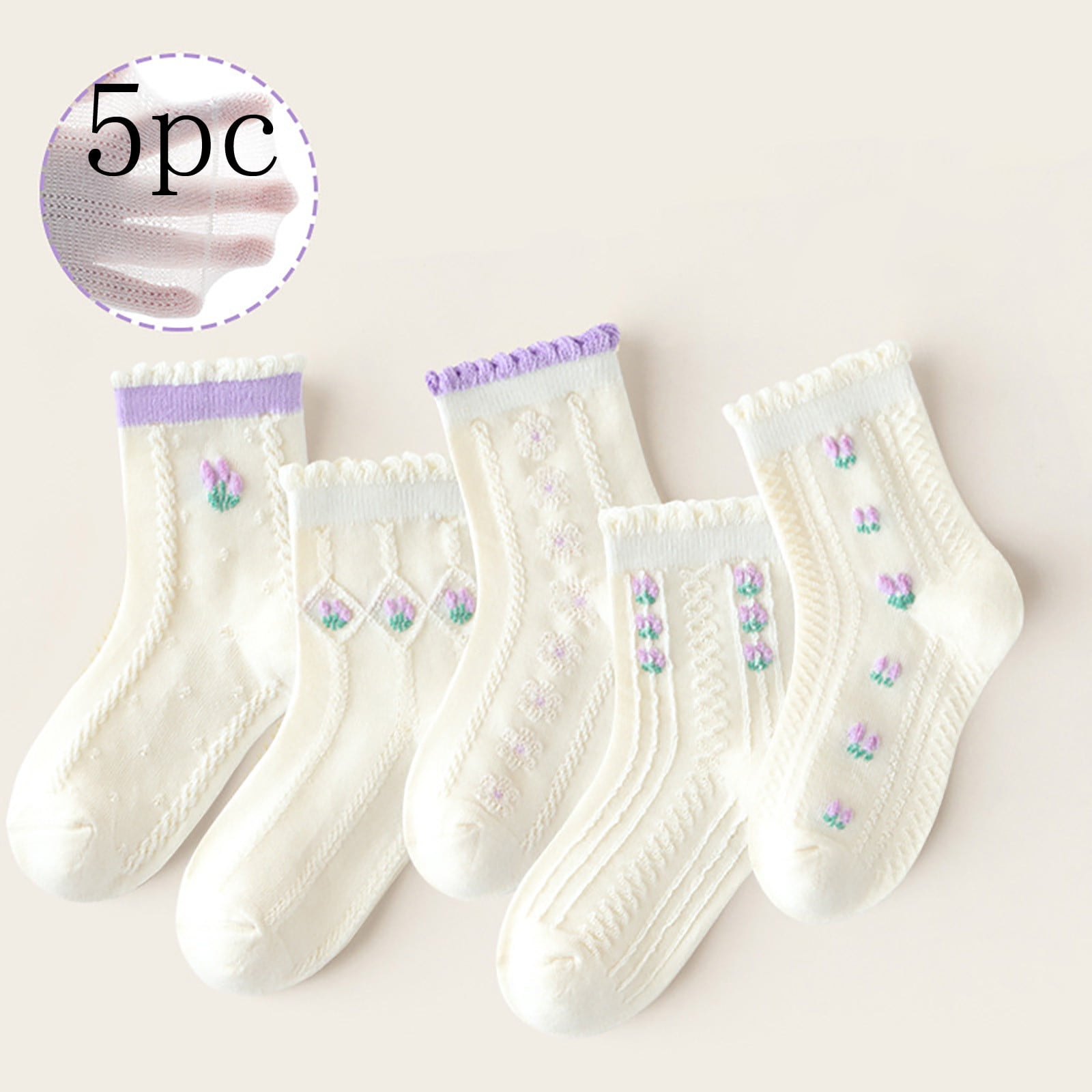 BRGZLK 5 Pairs Girls Cotton Socks Kids Trendy Floral Print Mid Tube ...
