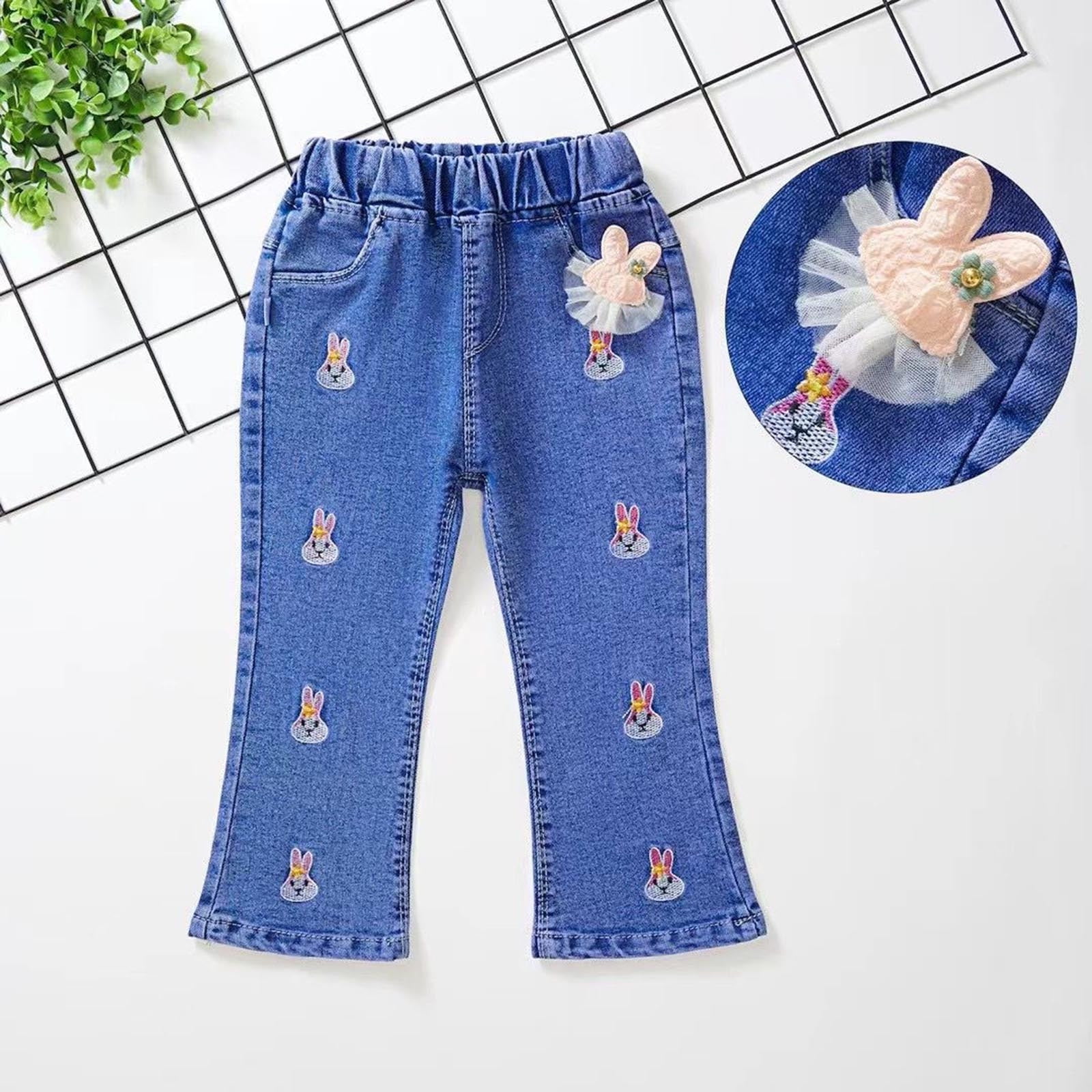 BRGZLK Children's Jeans Girls' Nail Bead Elastic Flared Pants Children ...