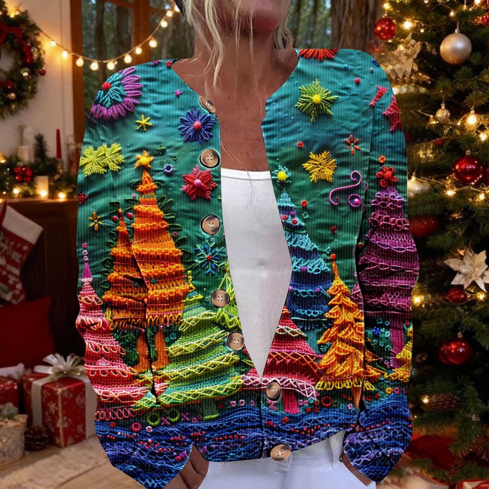 BRGZLK Christmas Sweaters for Women Vintage Print Coats Long Sleeve ...