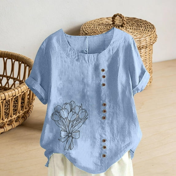 BRGZLK Cotton Linen Tops for Women Fashion Casual Floral Print Short ...