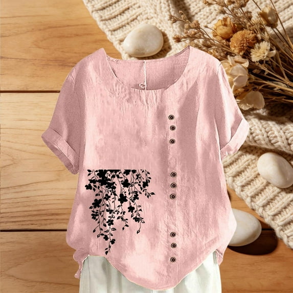 BRGZLK Cotton Linen Tops for Women Fashion Casual Floral Print Short ...