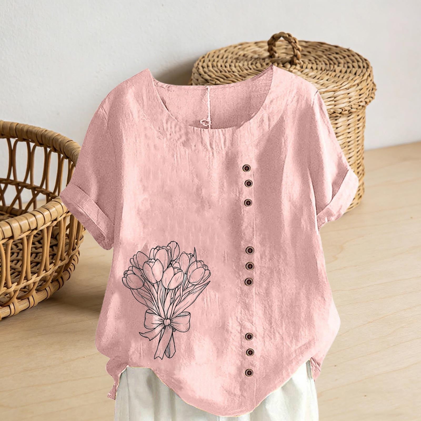 BRGZLK Cotton Linen Tops for Women Fashion Casual Floral Print Short ...