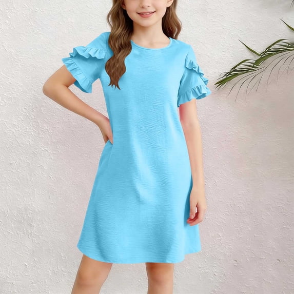 BRGZLK Dress For Girls, Frock,Solid Color, Summer Round Neck, Short ...