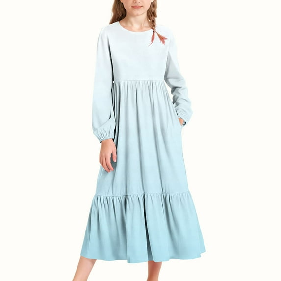 BRGZLK Girl Solid Color Gradient Maxi Dresses Long Sleeve Crew Neck ...
