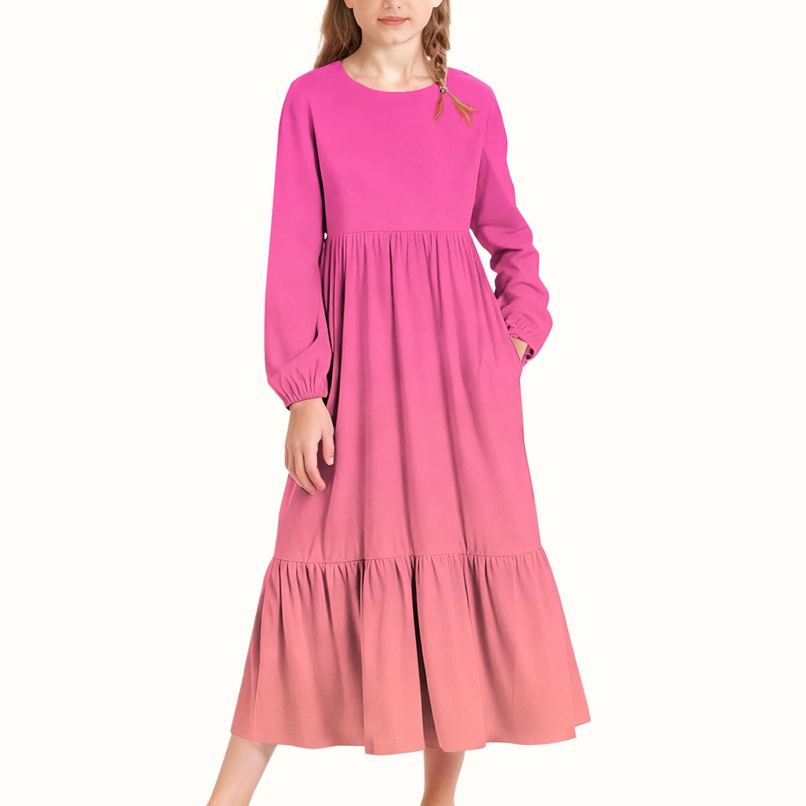 BRGZLK Girl Solid Color Gradient Maxi Dresses Long Sleeve Crew Neck ...