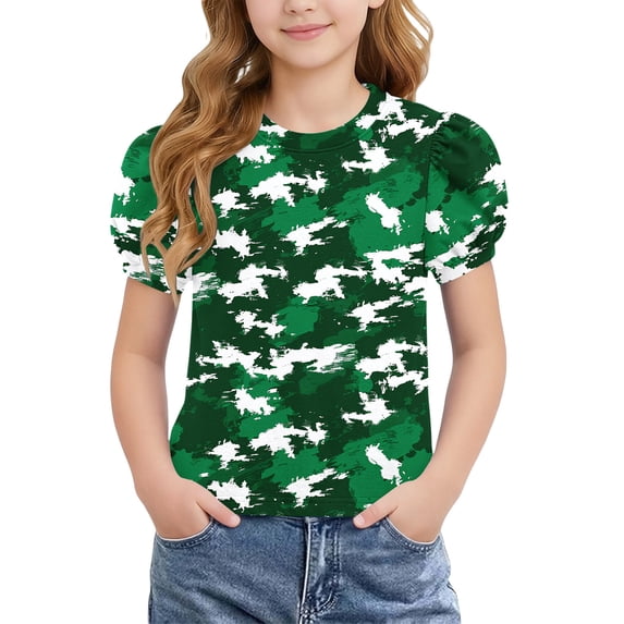 BRGZLK Girl's Casual T-Shirt Fashion Camouflage Print Round Neck Puff ...