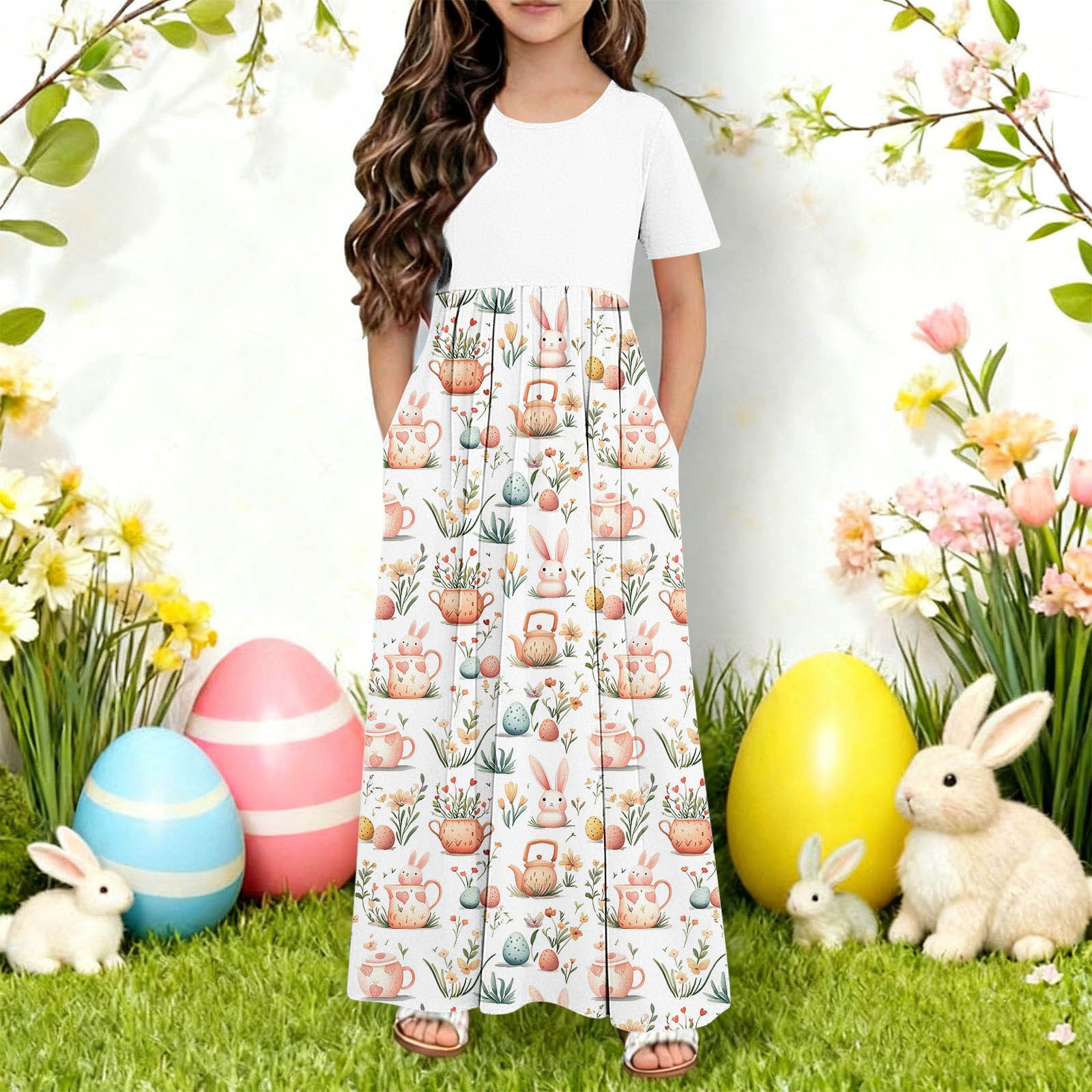 BRGZLK Girl's Easter Maxi Floral Dress Spring Summer 2026 Short Sleeve ...