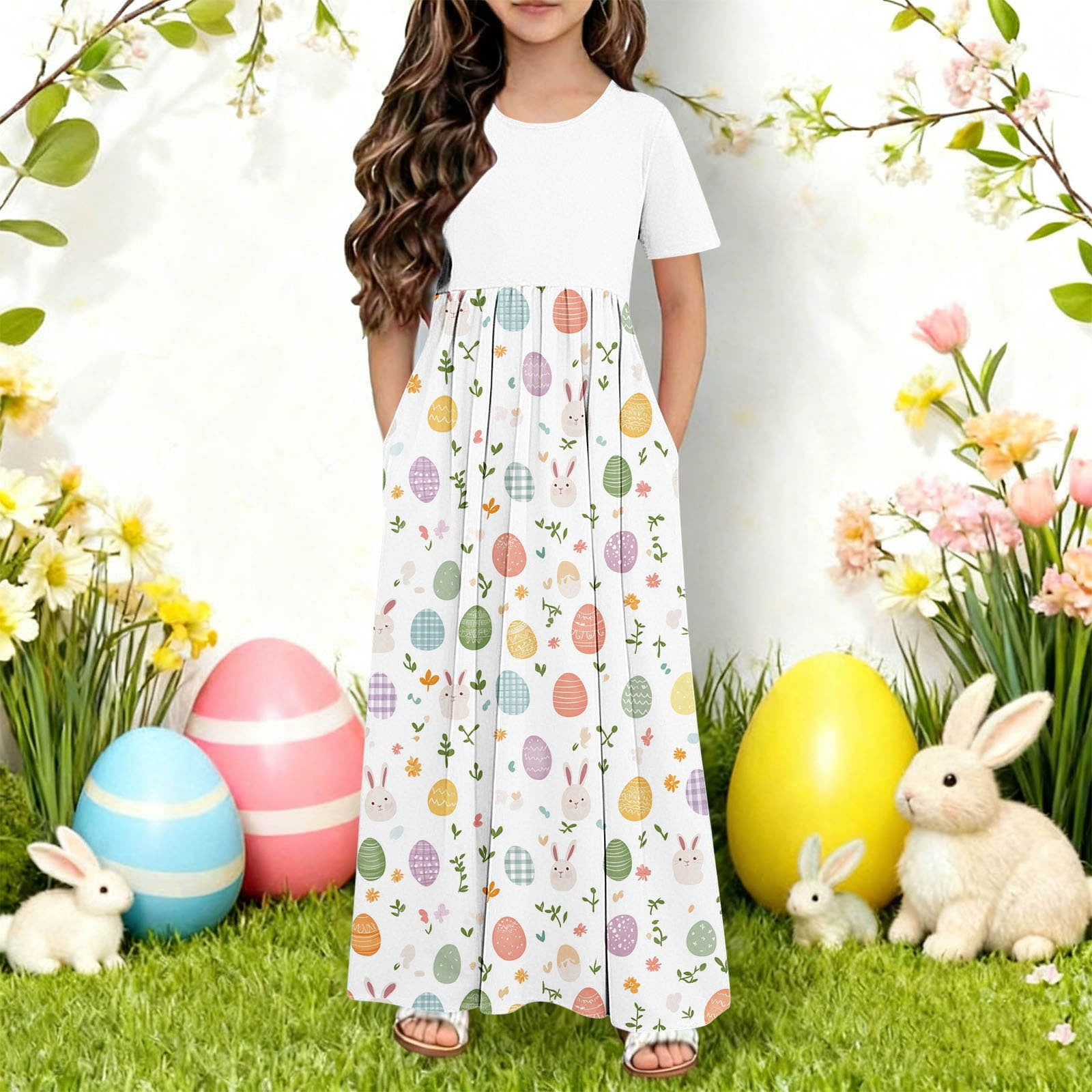 BRGZLK Girl's Easter Maxi Floral Dress Spring Summer 2026 Short Sleeve ...