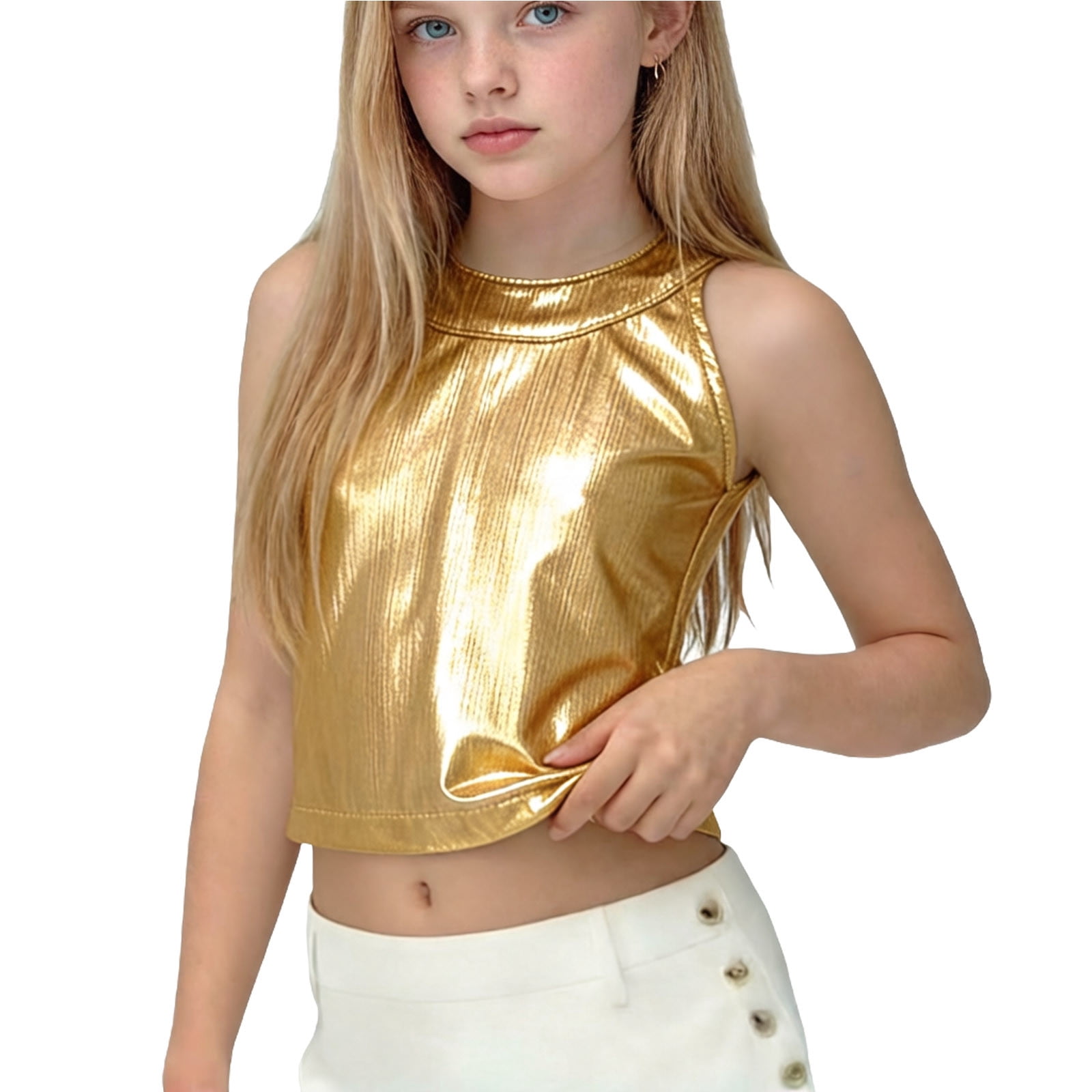 BRGZLK Girl's Shiny Metallic Stretch Tank Tops Summer Solid Color ...