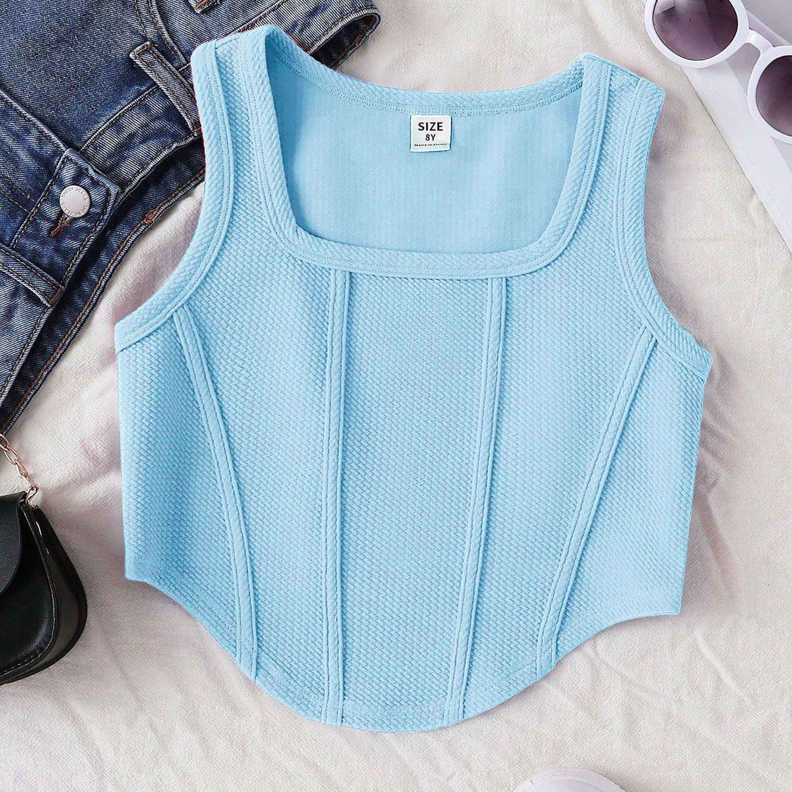 BRGZLK Girl's Tank Tops Textured Sleeveless Solid Color Square Neck ...