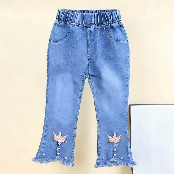 BRGZLK Girls Bell Bottoms Jeans Crown Pearl Slim Spring Casual Wear ...
